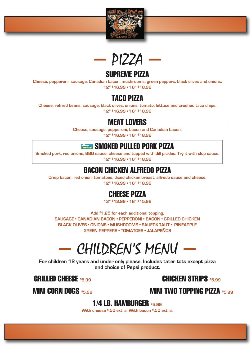 Menu | Wild Hogs Saloon and Eatery